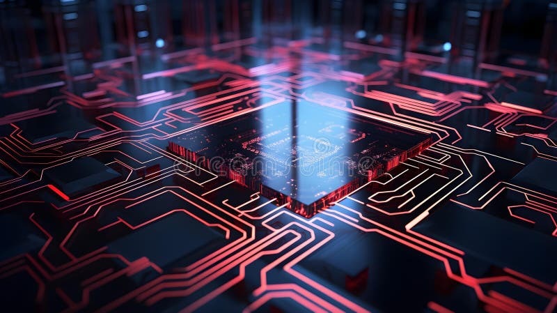 Microchip Glowing in Dark Red Colors. Technological and Futuristic ...