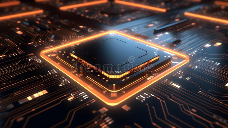 Microchip Glowing in Orange Colors. Technological and Futuristic ...