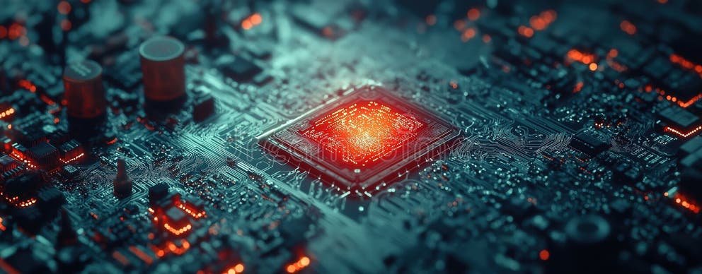 Close-up of a Glowing Microchip on Circuit Board Surrounded by ...