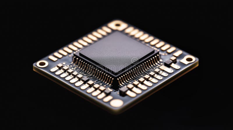 Microchip with Gold Connectors and Intricate Circuitry on Black ...