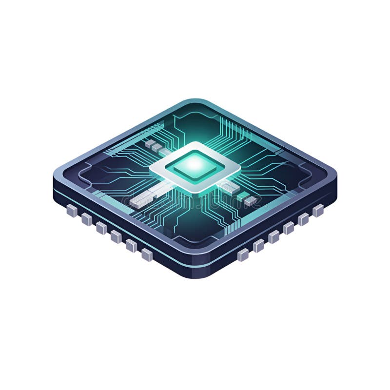 Isometric Cpu Chip with Glowing Circuits on White, Technology Component ...