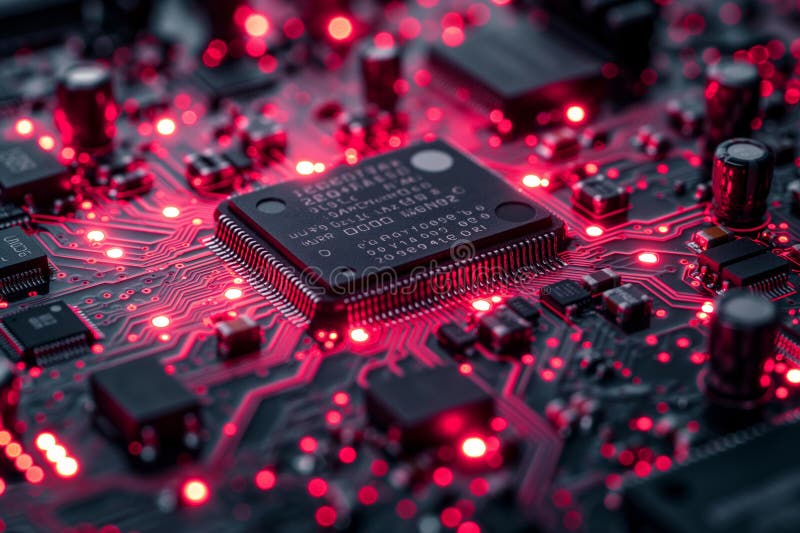 Red and Blue Lit Microchip in Close-up View Stock Image - Image of ...