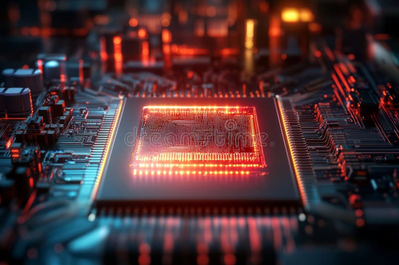 Microchip Illuminated with Red Light on a Circuit Board Stock Photo ...