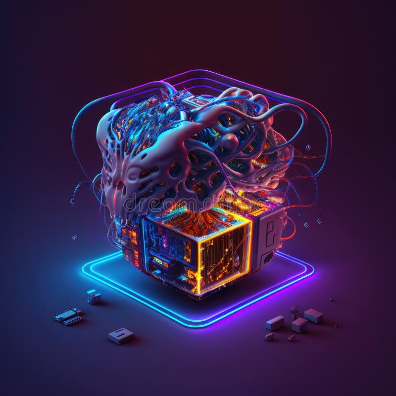 Microchip Inside Cloud of Dots and Wires, Modified Biological Brain, Nervous System. Electric ...