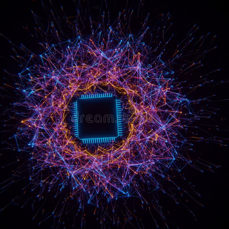 A Microchip Lies at the Center of a Complex Network of Neon Lines, Forming a Web-like Stock ...