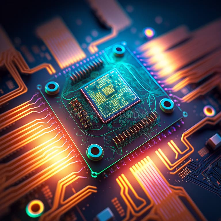 Microchip on the Motherboard with Glowing Eletronic Circuits Stock ...