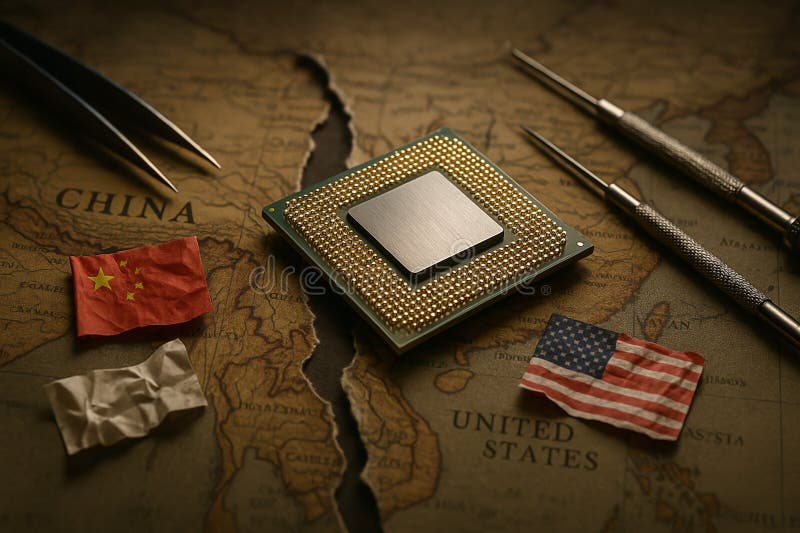 Microchip Placed on Torn Map between China and USA Flags Representing ...