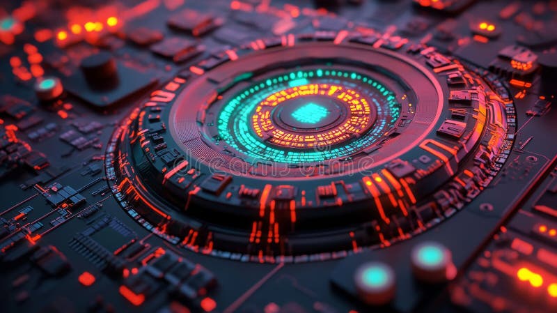 A Microchip Shines Brightly, Circled by Vibrant Light Patterns in a 4K ...