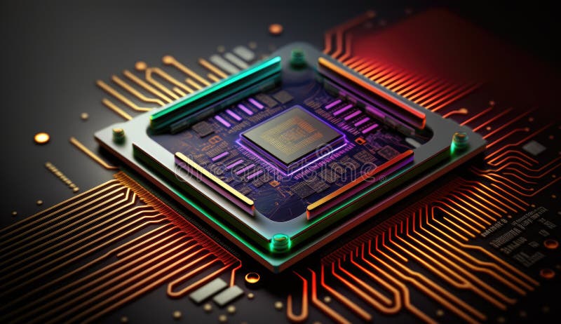 Microchip, Surface Zoom in Computer Chip Technology, Neon Light Lines ...