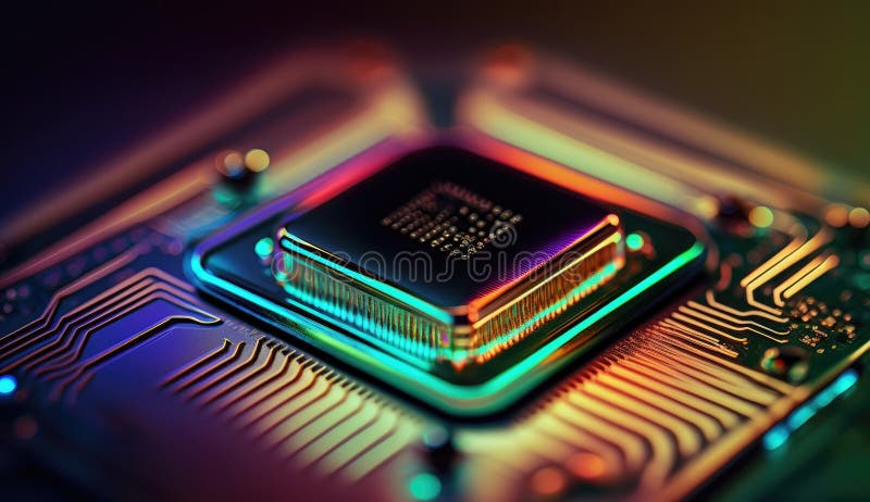 Microchip, Surface Zoom in Computer Chip Technology, Neon Light Lines ... Microchip, Surface Zoom in Computer Chip Technology, Neon Light Lines ...