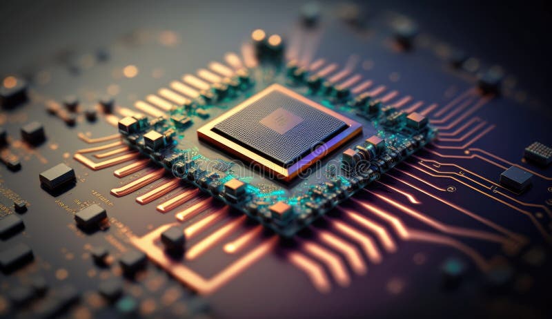 Microchip, Surface Zoom in Computer Chip Technology, Neon Light Lines ...