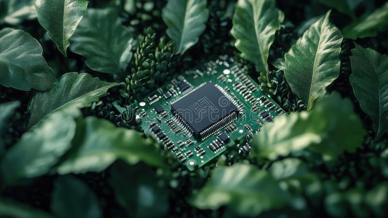 Microchip Surrounded by Green Foliage - Symbolizing the Fusion of ...