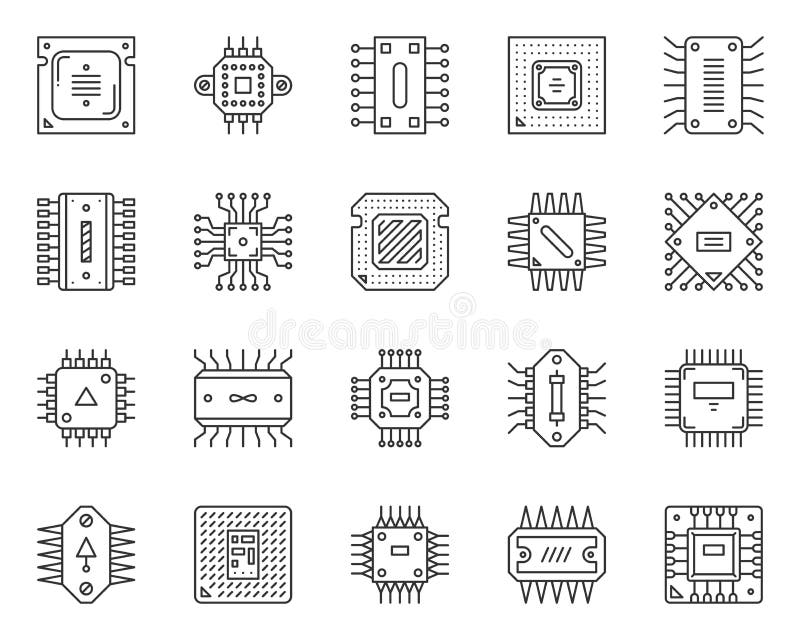 Micro Chip Cpu Simple Black Line Icons Vector Set Stock Vector ...