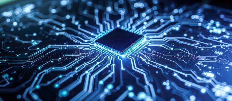 Microchip on Vibrant Blue Circuit Board with Illuminated Connections ...