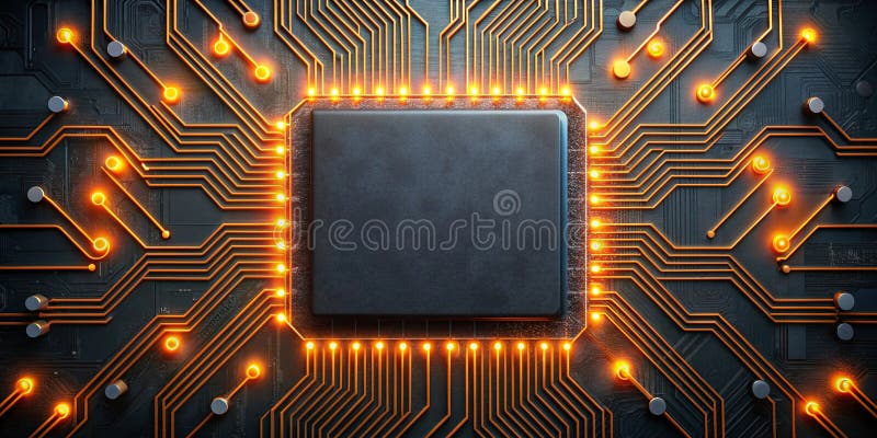 The Microchips on the Black Board Glow with Orange and Blue Lights AI ...