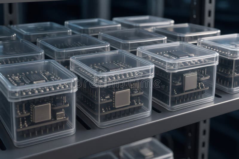 Microchips and Circuit Boards Storing in Plastic Boxes on Metal Shelves ...