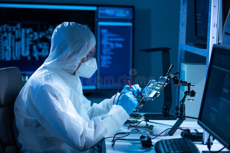 Microelectronics Engineer Works in a Modern Scientific Laboratory on ...