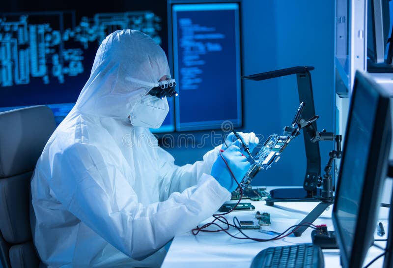 Microelectronics Engineer Works in a Modern Scientific Laboratory on ...