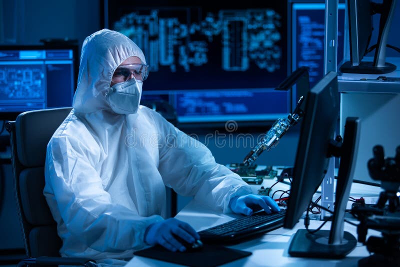 Microelectronics Engineer Works in a Modern Scientific Laboratory on ...