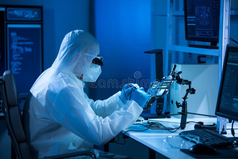 Microelectronics Engineer Works in a Modern Scientific Laboratory on ...