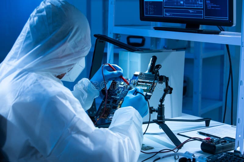 Microelectronics Engineer Works in a Modern Scientific Laboratory on ...
