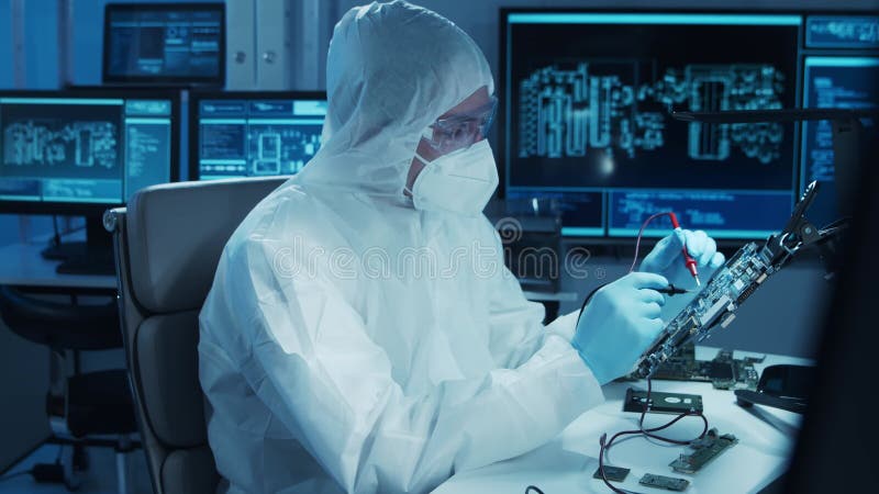Microelectronics Engineer Works in a Modern Scientific Laboratory on ...