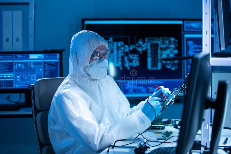 Microelectronics Engineer Works in a Modern Scientific Laboratory on ...