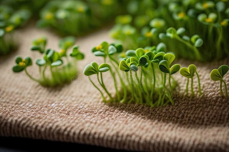 Microgreen Broccoli Plants Growing on a Linen Mat, Close Up Stock ...