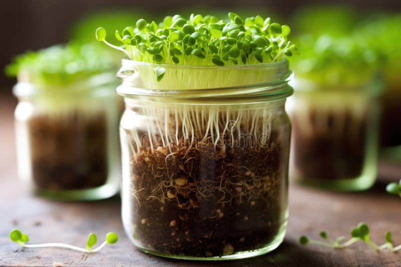 Microgreen Seedlings Sprouting from Soil in a Glass Jar Stock ...