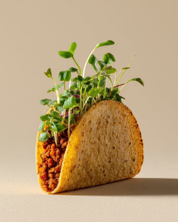Microgreens and Minced Meat Taco on Neutral Background for Culinary ...
