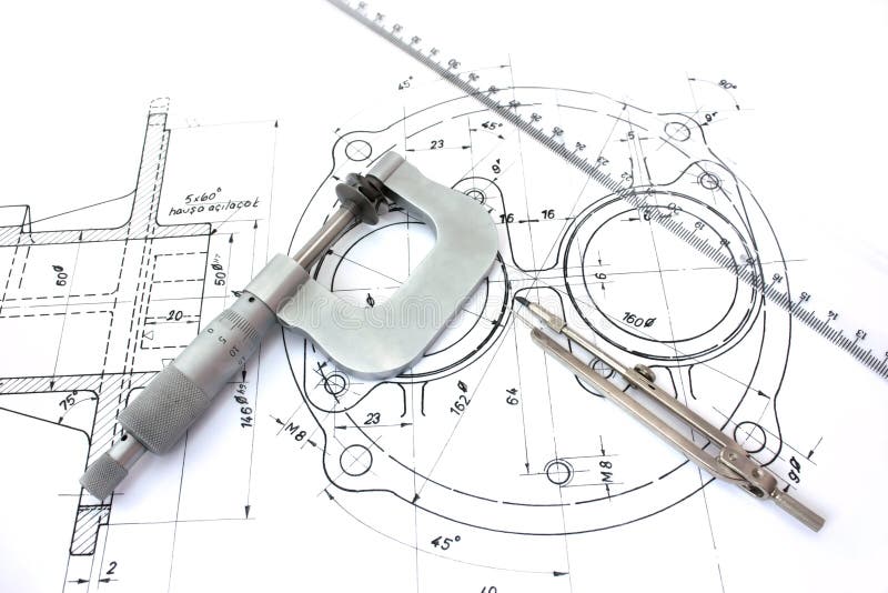 Caliper and Micrometer on Technical Drawings Stock Image - Image of ...