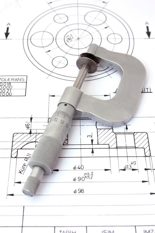 Micrometer on Technical Drawing. Vertical Stock Image - Image of ...