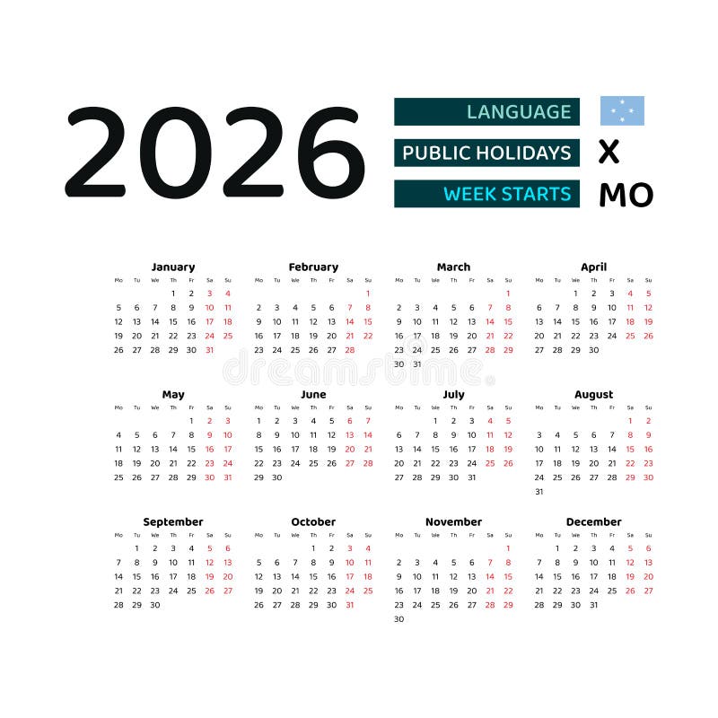 Micronesia Calendar 2025. Week Starts from Monday. Vector Graphic ...