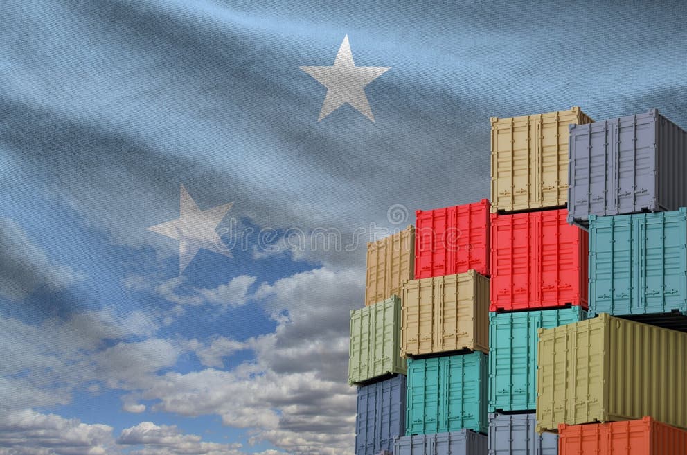 Micronesia Flag and Big Stack of Shipping Cargo Containers in Docks ...