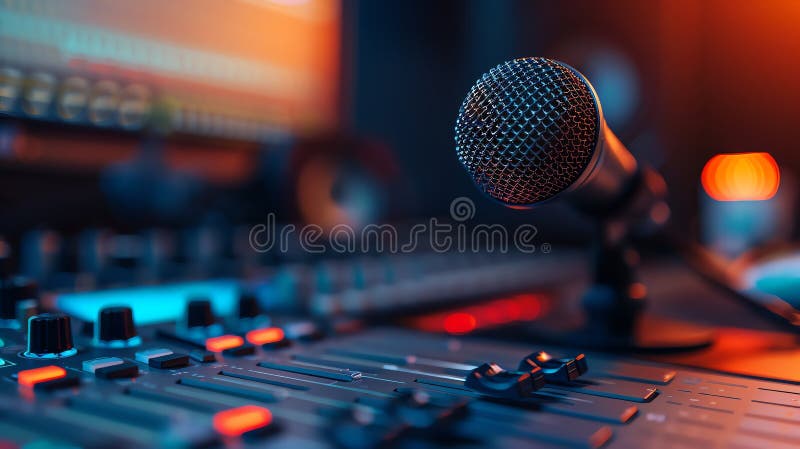 Microphone in Audio Production Setup, Digital Sound Editing, Abstract ...