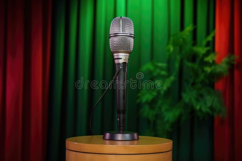 Microphone with a Bamboo Podium Against a Green Wall Stock Image ...