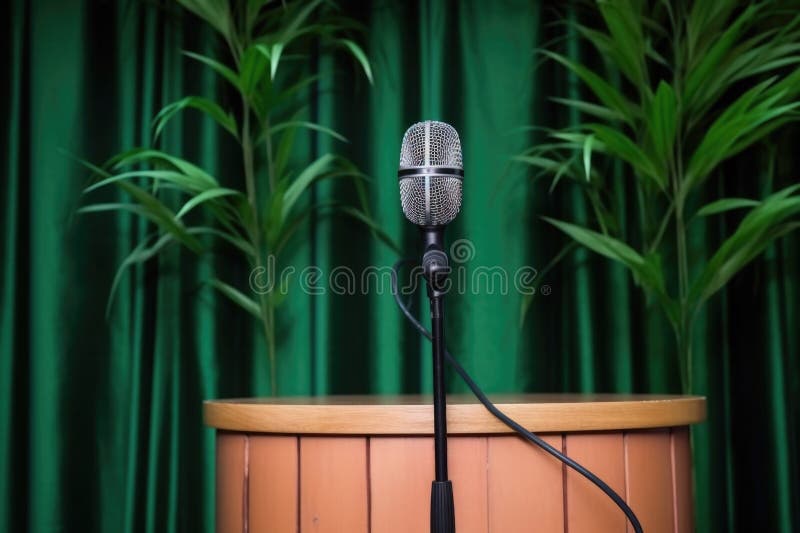 Microphone with a Bamboo Podium Against a Green Wall Stock Image ...