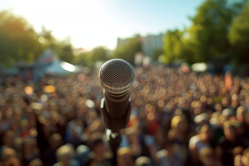 Microphone and Blurred Background of a Large Crowd during an Outdoor ...