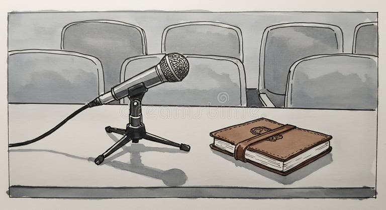 Microphone and Book on Table in Empty Room Illustration Stock ...