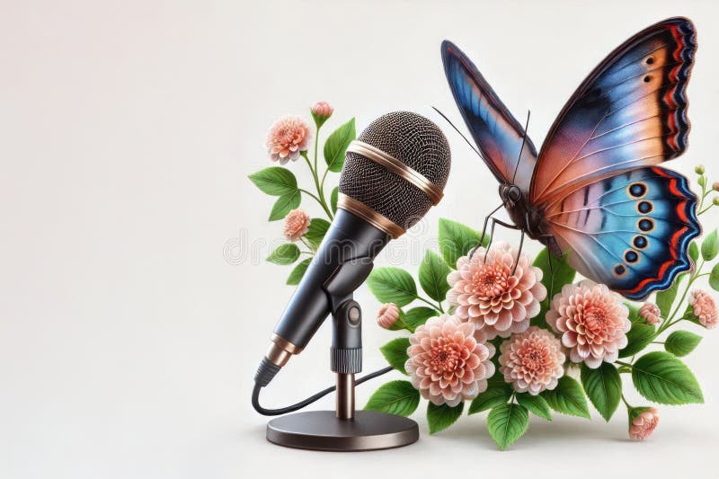 A Microphone with a Butterfly and Flowers. Space for Text. Stock Image ...