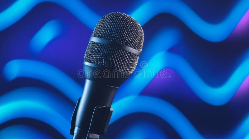 Microphone Capturing Sound Waves in a Recording Studio with Blue Neon ...