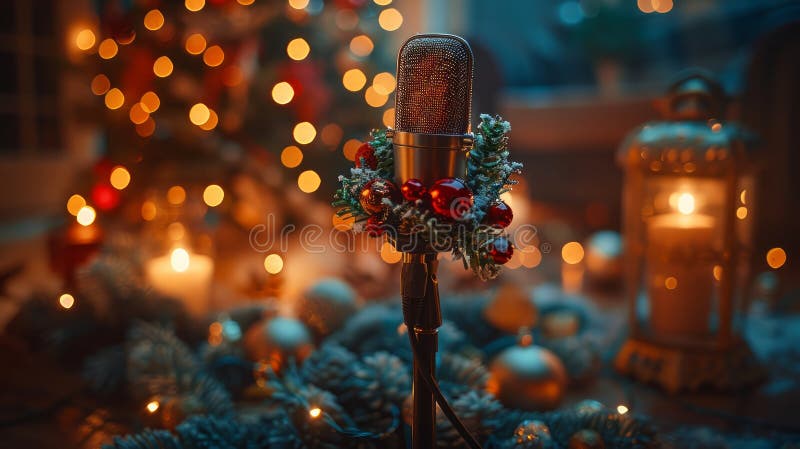 A Microphone with Christmas Decorations and Lights in the Background ...