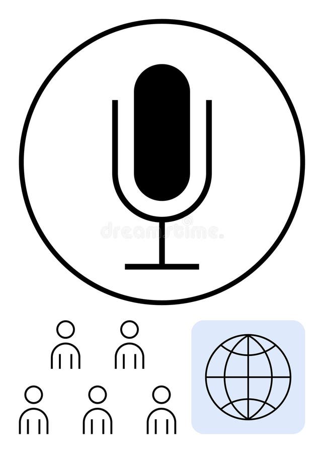 Microphone in Circle with Group of People and Globe Symbol Below Stock ...