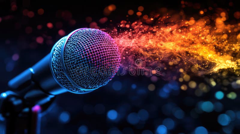 Microphone with Colorful Wave Light Effects on Black Background Stock ...