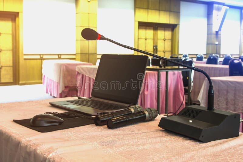 Microphone and Computer in a Conference Room Stock Photo - Image of ...