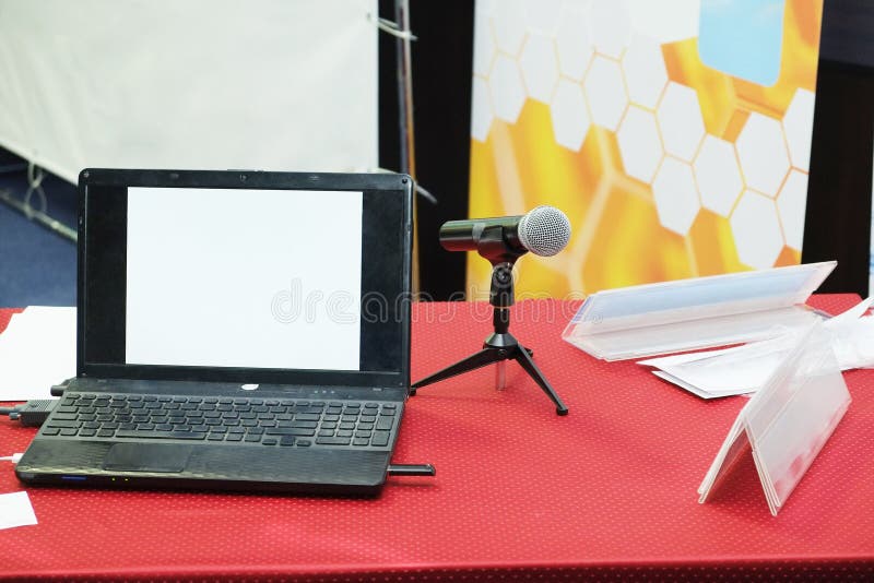 Microphone and Computer on the Desk in the Office Stock Photo - Image ...