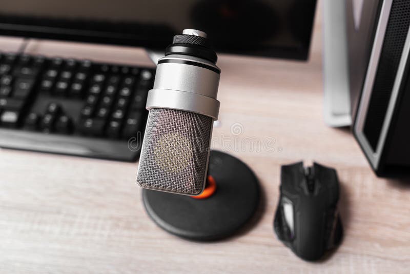 Microphone, and Computer on the Desktop. Blogger S Workplace. Stock ...