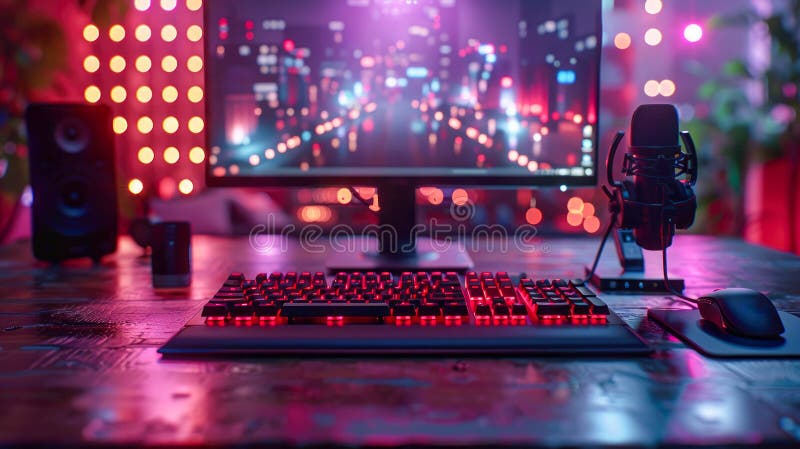 Microphone and Computer Keyboard on the Table in Front of the Monitor ...