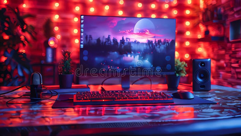 Microphone and Computer Keyboard on the Table in Front of the Monitor ...