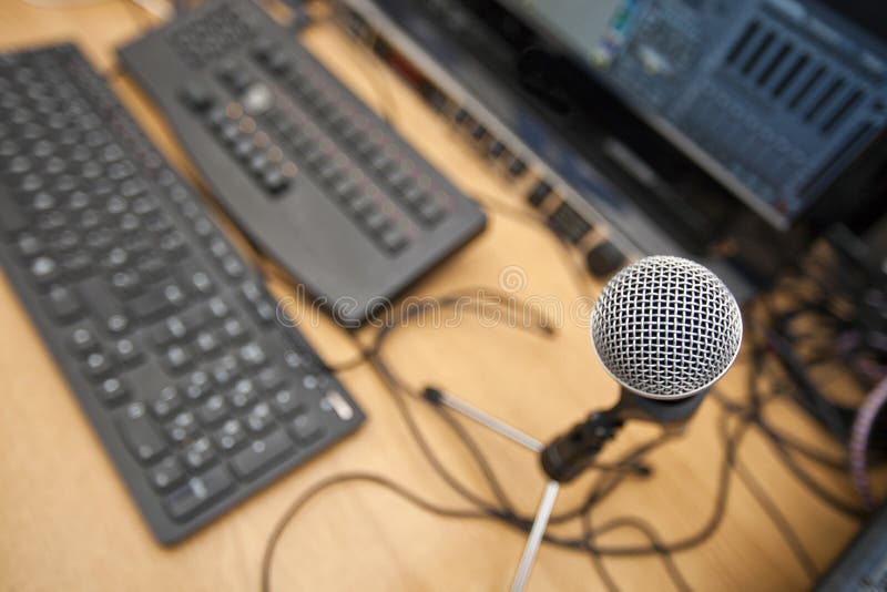 Microphone and Computer Keyboards on Table at Television Studio Stock ...